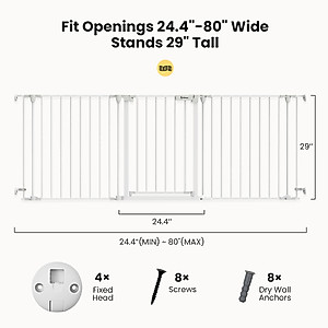 Tokkidas 24.4”-80” Auto Close Baby Gate, Extra Wide Dog Gate with One Hand Operation, Hardware Mount, Foldable 3 Steel Panels Angle, Deluxe Walk Thru Pet Gate for Stairs, Doorways, Kitchen, 29” Height