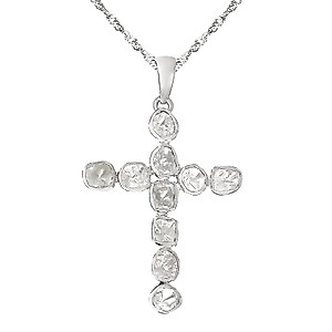 MOONEYE Natural Diamond Polki Religious Christian Cross Pendant Necklace 925 Sterling Silver Platinum Plated Slice Diamond Jewelry