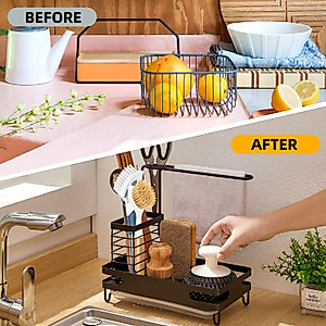 Kitchen Sink Caddy Organizer, Sponge Holder for Kitchen Sink Stainless Steel Dish Cloth Hanger & Basket Brush Holder with Removable Drain Tray for Kitchen Sink Accessories