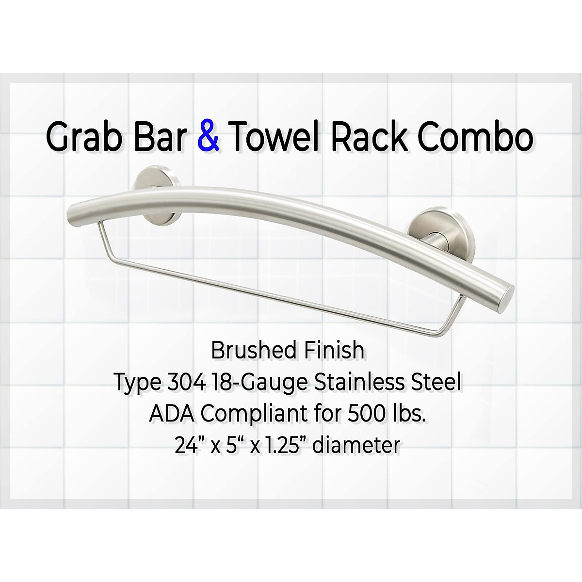 Curved Grab Bar and Towel Rack for Bathroom Shower Kitchen/304 Stainless Steel/Brush Finish/ 24"x 5"
