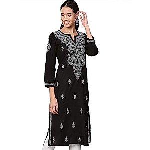 Ada Indian Hand Embroidered Women's Chikankari Black Cotton Kurta Kurti Tunic A197536 (4X-Large)