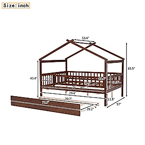 DHHU Daybed with Trundle, Full Size Wooden House Bed with Twin Size Trundle Bed, Wood Bed Frame with Roof and Safety Guardrail for Kids, Teens, Boys or Girls, No Box Spring Required