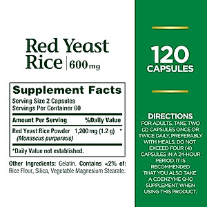 Nature's Bounty Red Yeast Rice Pills and Herbal Health Supplement, Dietary Additive, 600mg, 120 Capsules
