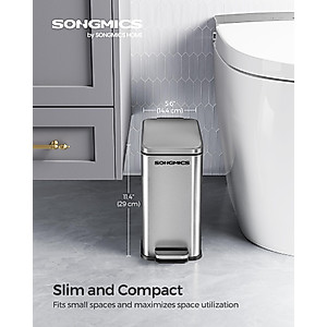 SONGMICS Bathroom Trash Can and Toilet Brush Set, 1.3 Gallon Small Trash Bin with Lid, Slim for Small Spaces, Stainless Steel Garbage Can, Soft Close, Silver ULTB560E0501