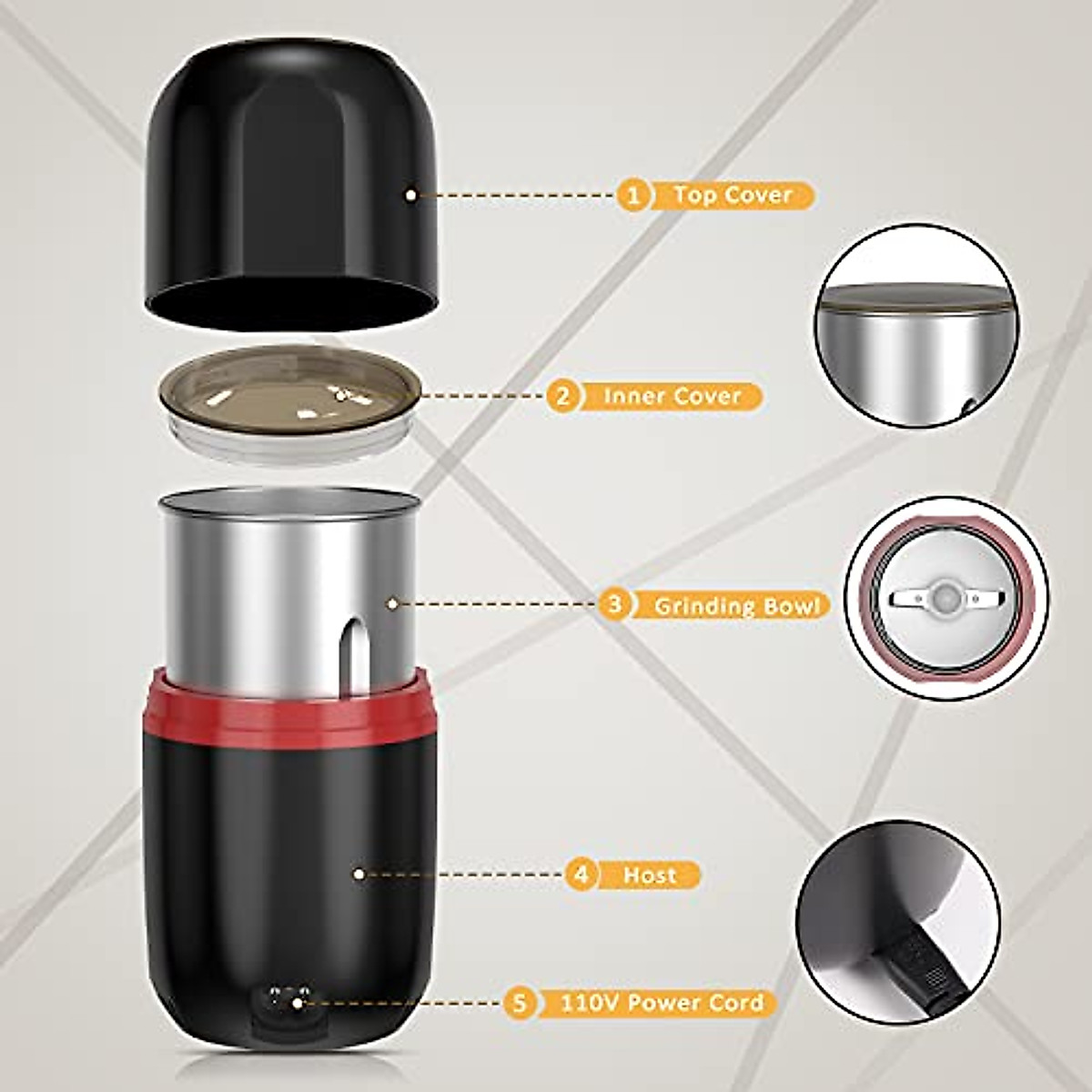 Watifisa Herb Grinder Electric Spice Grinder with Cleaning Brush, Herb Spice Coffee Grinder with Large Capacity - for Herbs, Fine Leaves, Peanuts, Pepper Beans, Mushrooms & Grains (Black)