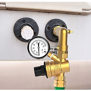 Morvat Premium Lead-Free Brass RV Water Pressure Regulator Adjustable Valve with Oil Filled Gauge for Camper, Includes Screwdriver, Roll Of Teflon Tape & 2 Extra Rubber Washers