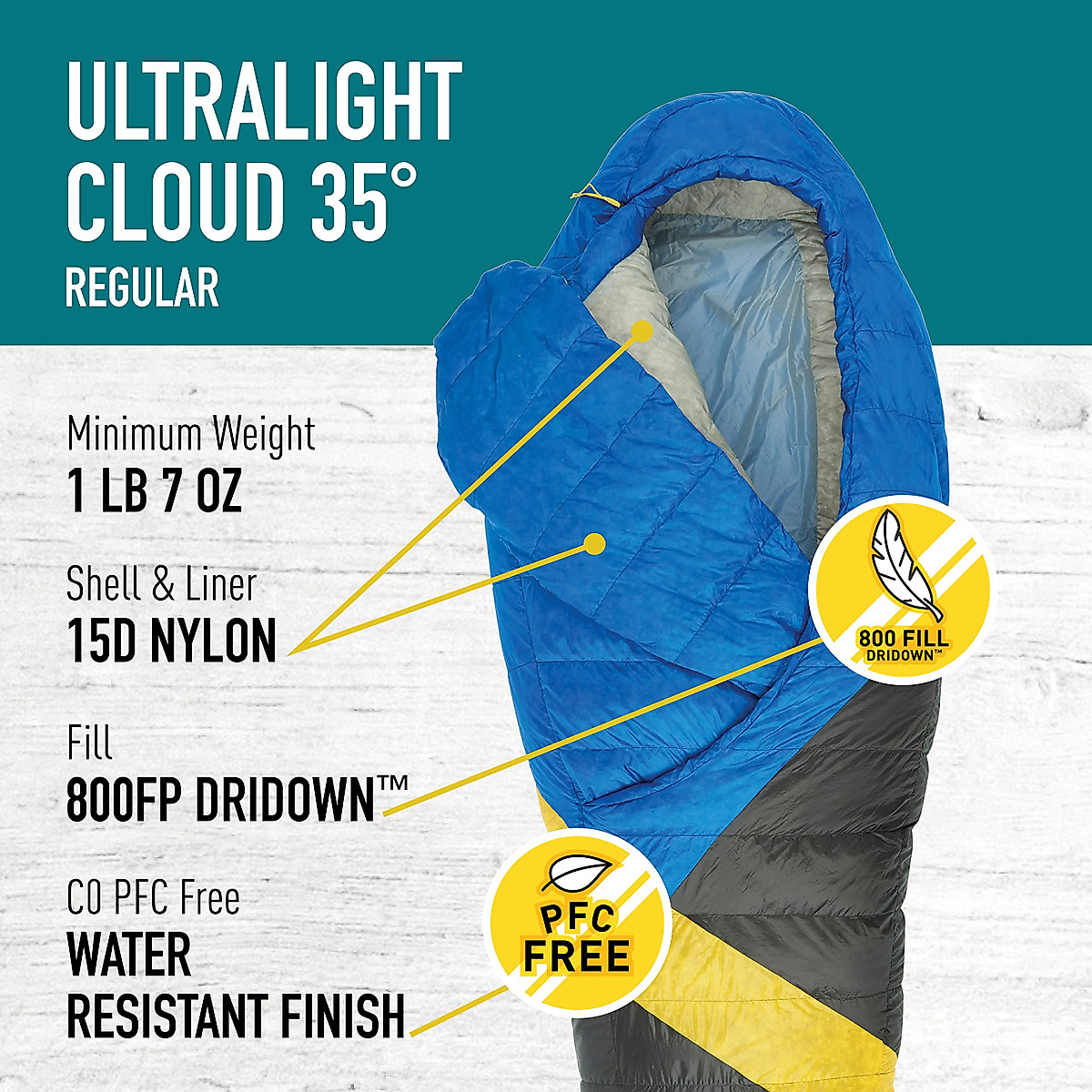 Sierra Designs Cloud 35 Degree DriDown Sleeping Bag Ultralight Zipperless Down Sleeping Bag for Backpacking and Camping - Regular