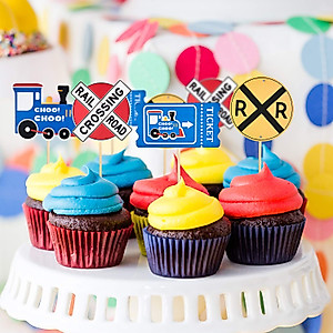 48 Pieces Railroad Party Crossing Decoration Railroad Train Crossing Cupcake Toppers Steam Train Cupcake Picks for Birthday Party Railway Steam Train Theme Party