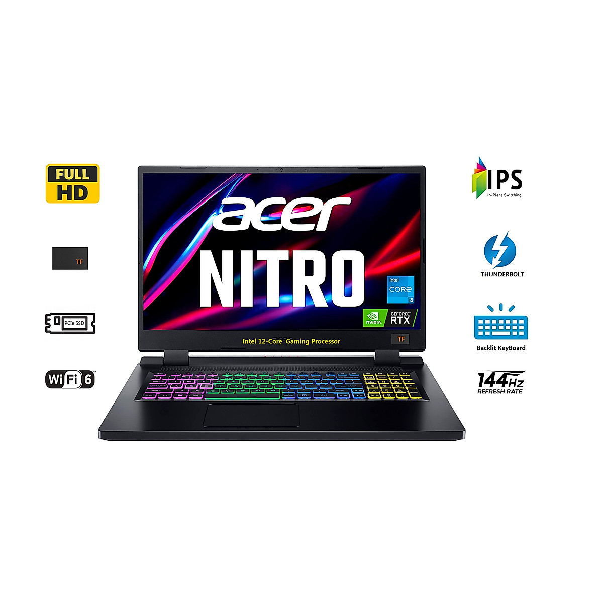 acer Newest Nitro 5 Flagship Gaming Laptop: 17.3" FHD 144Hz IPS Display, Intel Gaming H 12-Core i5-12500H, 64GB RAM, 1TB SSD, 4GB RTX 3050, WiFi-6, Backlit-KYB, DTSX Audio, CoolTech, Win11, TF