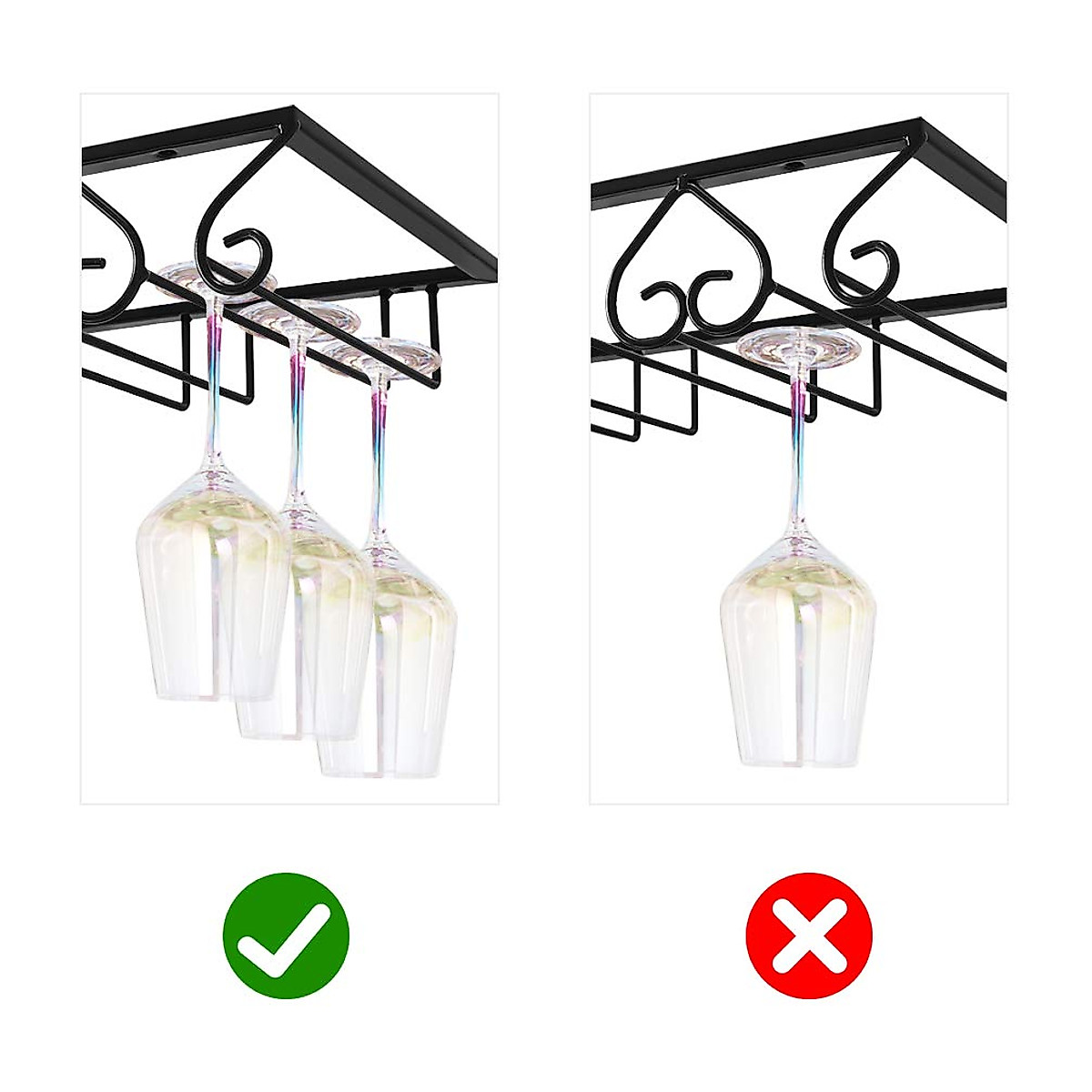 MOCOUM Wine Glasses Rack Under Cabinet Stemware Rack, Wine Glass Hanger Rack Wire Wine Glass Holder Storage Hanger for Cabinet Kitchen Bar (Black, 3 Rows 2 Pack)