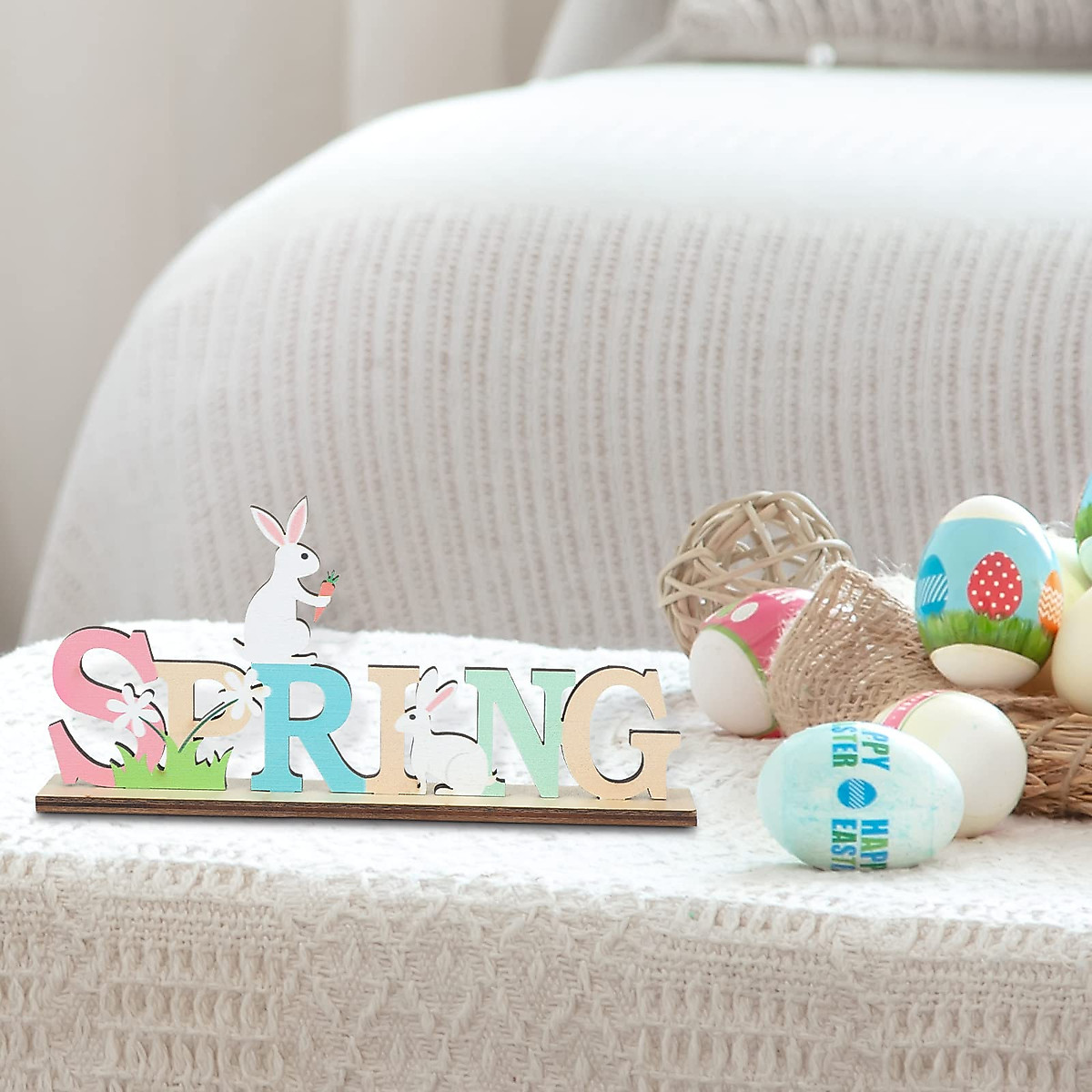 Jetec Easter Decorations Spring Bunny Tabletopper Bunny Rejoice Easter Egg Centerpiece Easter Figurines Tabletopper Ornaments for Spring Easter Indoor Outdoor Garden Yard Lawn Patio Party Decoration