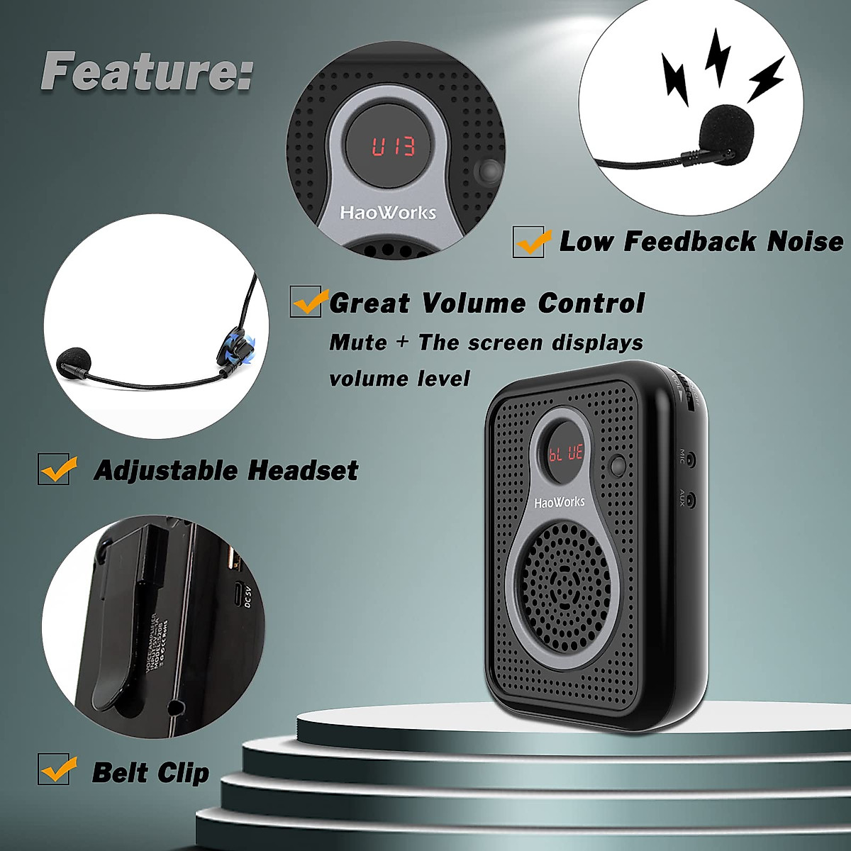 Voice Amplifier Portable Microphone Speaker - HW HaoWorks S208 Wired Headset with Microphone,Loud Clear Sound,No Feedback Noise,Mini Mic for Teachers/Tour Guides/Speaking/Singing