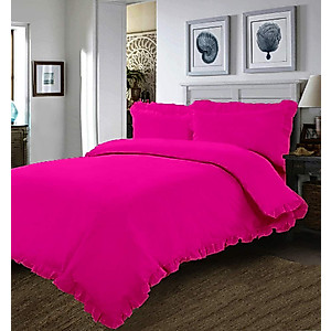 Duvet Cover Set - 1 Frilled Duvet Cover With Ruffle Edge Corners And 4 Pillowcases - Hot Pink, Full/Queen - 100% Cotton 800 Thread Count - 5 PCs Comforter/Duvet Protective Cover Set - Duvet Set