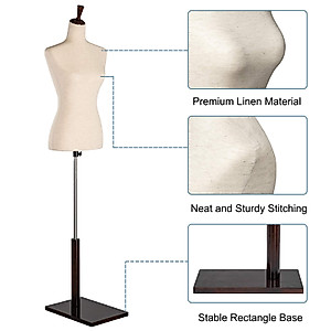 VINGLI Female Dress Form, Mannequin Torso Body with Adjustable Wood Stand for Dress Display Clothes Design, Pinnable Manikin (White, 6-8)