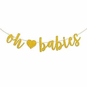 Oh Babies Banner Gold Glitter Pre-Strung for Twins Baby Shower Gender Reveal Party Decorations