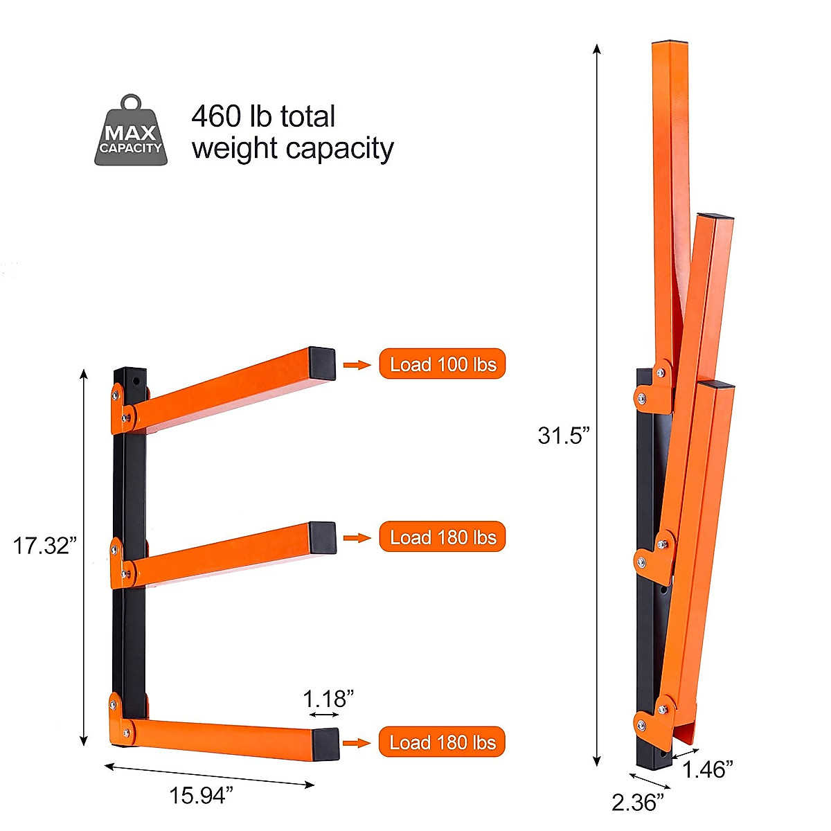 Ultrawall Lumber Storage Metal Rack with 3-Level and Garage Hooks for Snow Board Hook Tire Rack