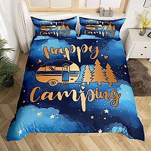 Castle Fairy Happy Camping Queen Size Duvet Cover for Teens Youth,Starry Galaxy Dreaming Comforter Cover with 2 Pillow Shams,Gold RV Trailer Painting Bedding Set Ultra Soft Microfiber Breathable