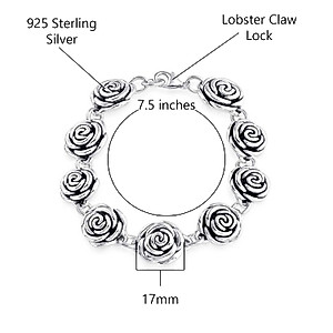 Savlano 925 Sterling Silver 17mm Italian Rose Link Chain Bracelet - 7.5 inch Hollow Flower Rose Bracelet for Women - Made in Italy Comes with Gift Box