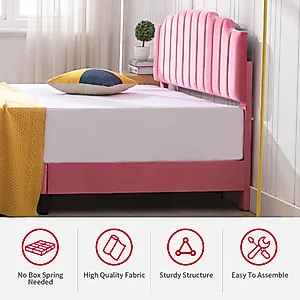 PUREMIND Twin Size Kids Bed Frame with Headboard, Children Bedroom Bed Frame, Upholstered Bed Platform with Slat Support, No Box Spring Needed, Pink Bed Frame for Girls-Princess Twin