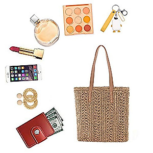 ZLM BAG US Women Straw Crochet Tote Bohemian Summer Beach Bag Large Handmade Shoulder Bag (Light Brown)