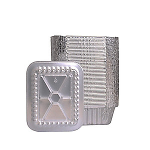 Tiger Chef Oblong Aluminum Tin Foil 1 Pound Pans Dimensions: 5.56" X 4.56" X 1.63" With Clear Dome Lids Measures: 5.5" X 4.5" X 1" Disposable Freezer to Oven Safe for Takeout Storing - 10 Pack