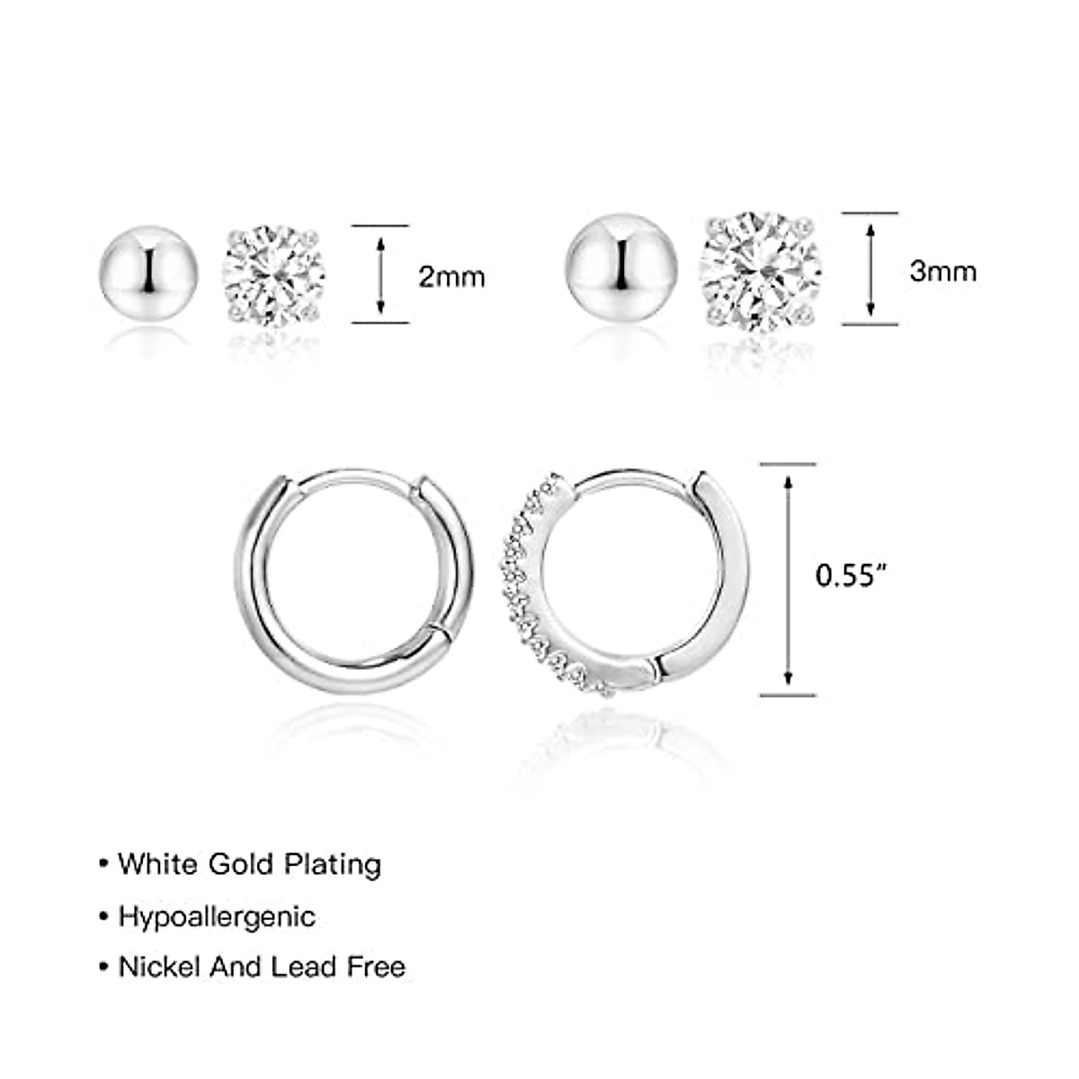 Sterling Silver Stud Earrings Set for Women Hypoallergenic White Gold Plated Silver CZ Ball Stud Earrings and Hoops Studs Cartilage Earing for Women （6 Pairs）