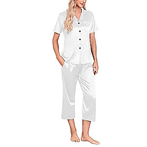 SWOMOG Women Satin Pajama Set Short Sleeve Sleepwear Capri Silk Pjs Set 2 Piece Loungewear Button Down Nightwear with Pockets