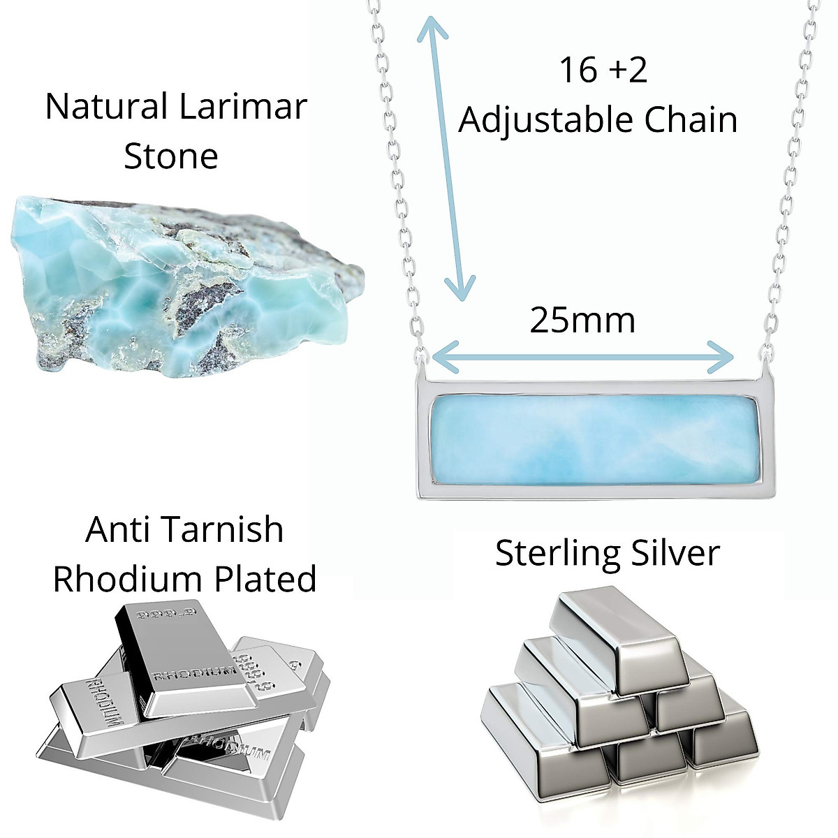 Beaux Bijoux Sterling Silver Natural Larimar Bar Necklace Blue Dainty Necklace for Women