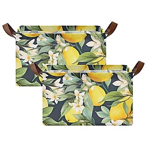 Emelivor Watercolor Yellow Lemon Black Storage Bins for Shelves Foldable Storage Baskets for Organizing Closet Shelf Nursery Home Decorative Rectangular Storage Cubes with Handles