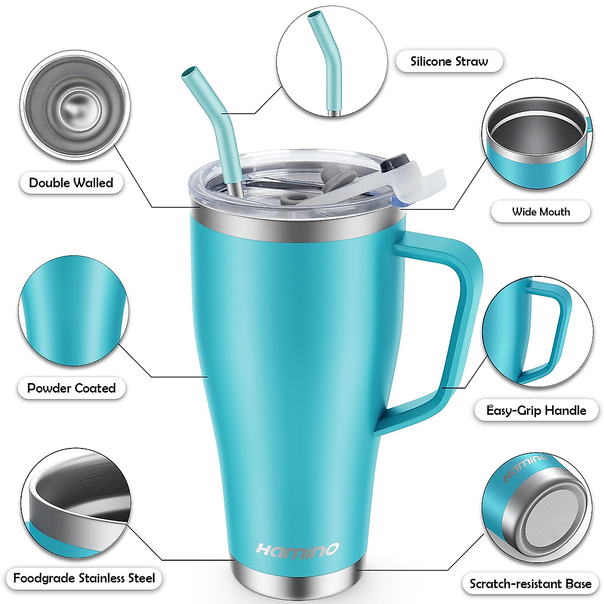 Hamino 30 oz Tumbler with Lid and Straw Handle, Double-Wall Vacuum Travel Coffee Mug with Handle, Stainless Steel Insulated Coffee Tumbler Mug Cup for Office Travel Car HOT COLD Drinks (Tiffany-Blue)