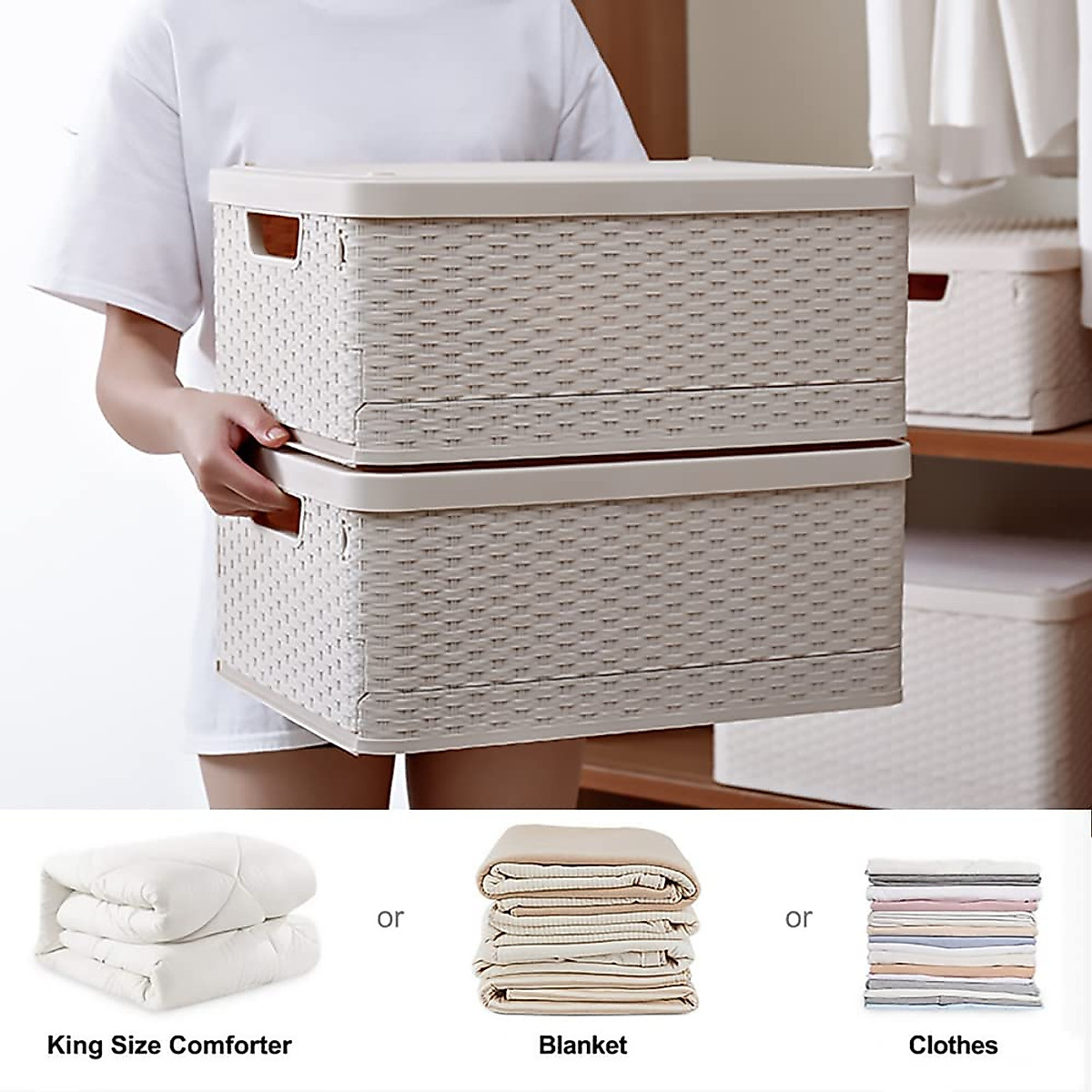 Pack of 4 Folding Storage Boxes with Lids Foldable Plastic Storage Bins Organizer Container Shelf Basket with Lid for Home Bedroom Closet Office