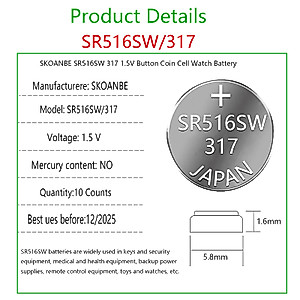 SKOANBE SR516SW 317 1.5V Button Coin Cell Silver Oxide Watch Battery（10-Packs）