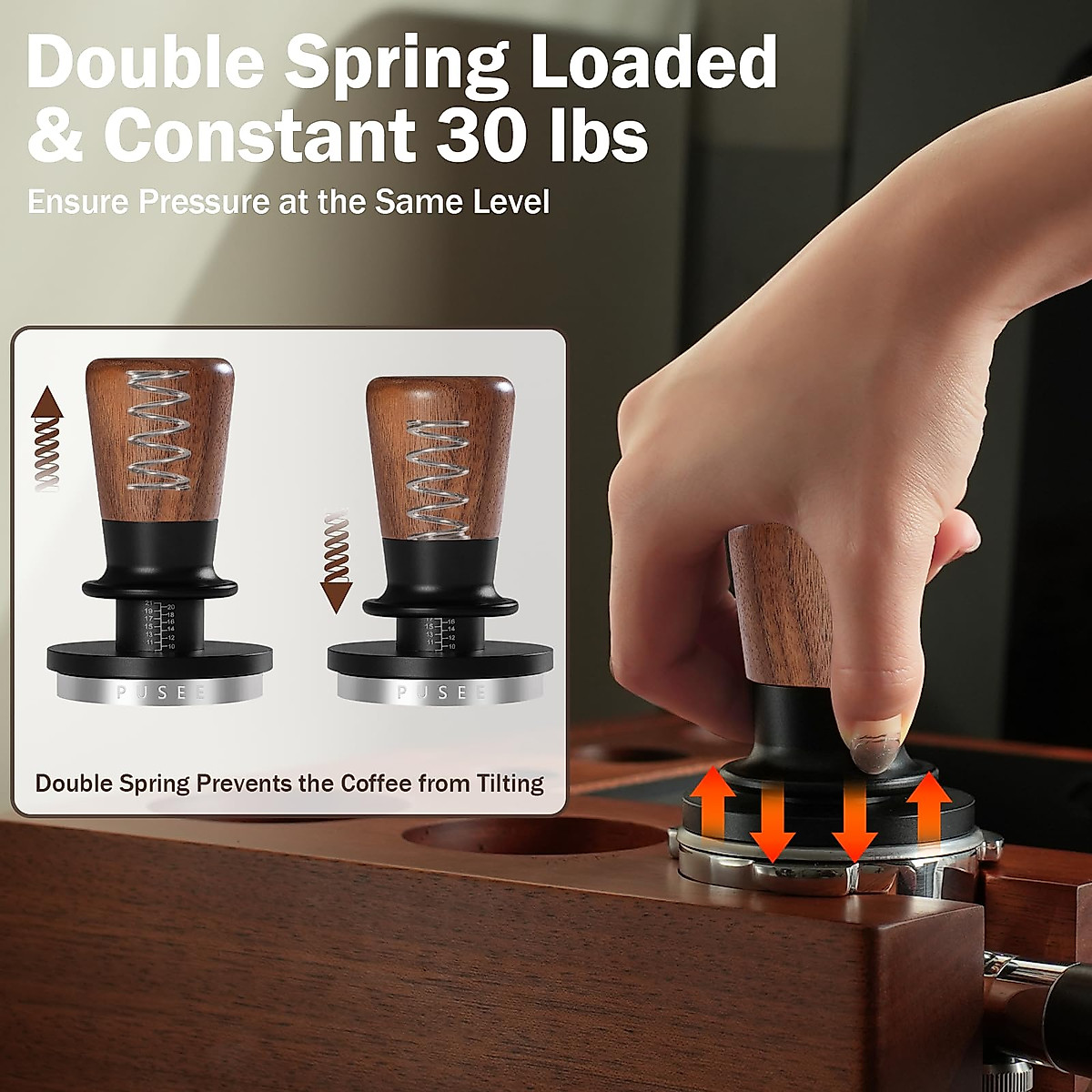 PUSEE 53.3mm Espresso Tamper, Calibrated Tamper with 30lbs Double Spring Loaded Tamper Walnut Wood Coffee Tamper for Barista Home,Stainless Steel Base Tamper Espresso Tool Fits 54mm Portafilters