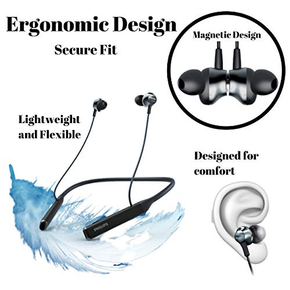 PHILIPS Bluetooth Neckband Headphones, Wireless Earbuds IPX5 Waterproof Sport Earphones, Lightweight, Deep Bass with 14 Hour Playtime