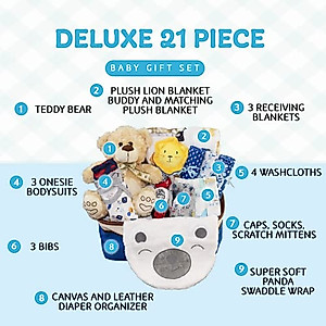 Joyful Arrival Deluxe Baby Boy Gift Set, Baby Layette Set with 21-Piece New Baby Essentials and Canvas Diaper Organizer for Expecting Moms and New Parents, Blue - Nikki’s Gift Baskets