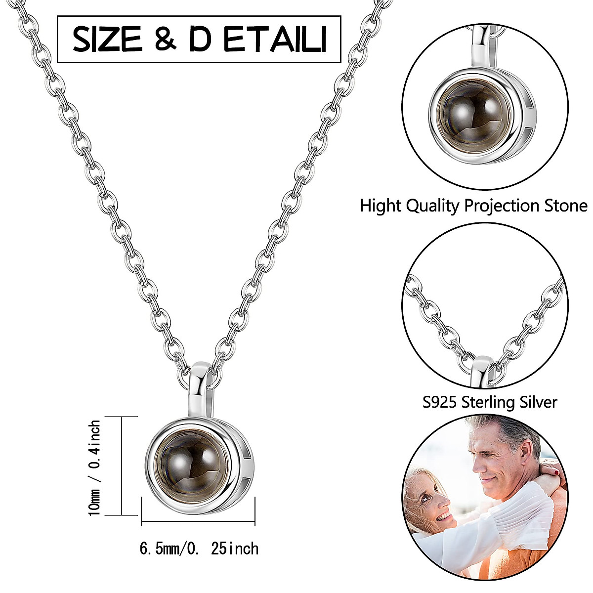 Jewenova Personalized Photo Projection Necklace S925 Sterling Silver Custom Necklace with Picture Inside Projection Necklace for Women