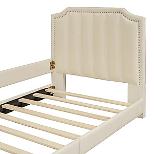 Harper & Bright Designs Upholstered Twin Daybed Frame for Kids,Velvet Twin Beds with Classic Stripe Shaped Headboard, Wood Cute Twin Bed Frames for Children Girls Boys,Beige