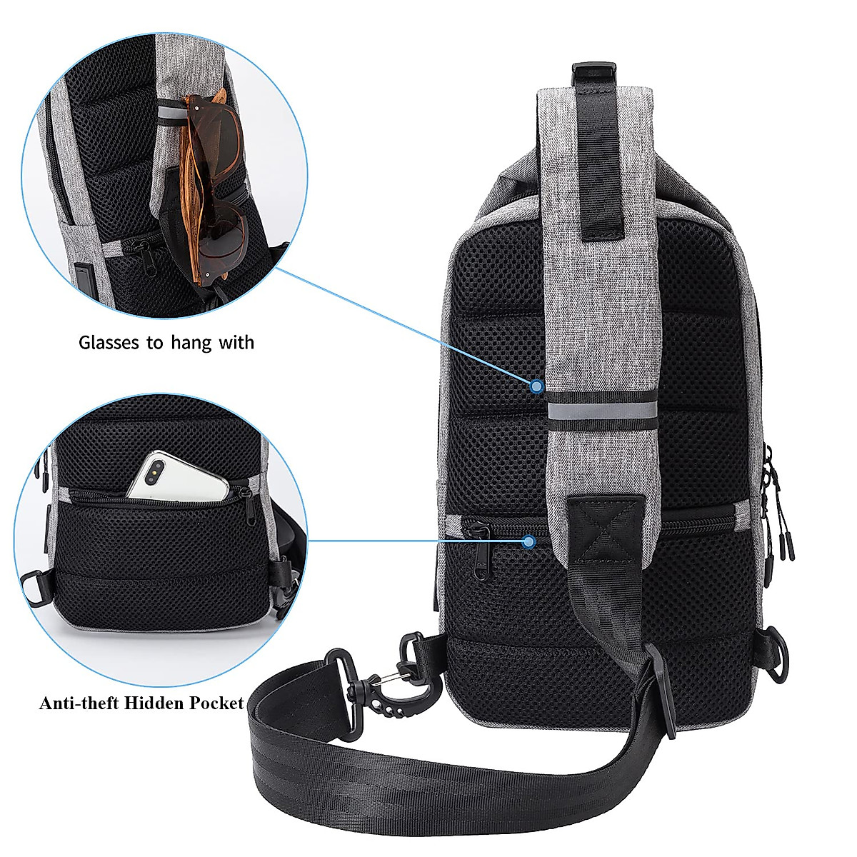 LITEMOUNT Lightweight Outdoor Crossbody Sling Backpack, Shoulder Sling Bag, Chest Backpack with USB Charging & Audio Ports (Grey)