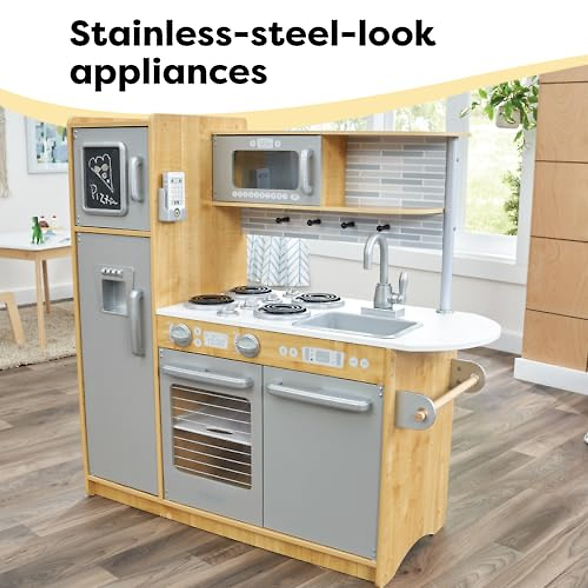 KidKraft Uptown Natural Wooden Play Kitchen with Play Phone, Chalkboard & Towel Rack, Gift for Ages 3+