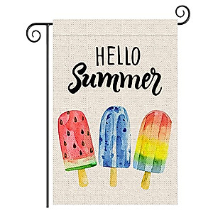 Roberly Hello Summer Garden Flag Double Sided Popsicles Ice Cream Red Blue Rainbow Vertical Banner for Outdoor Yard Summer Decorations Gifts(12.5" x 18")
