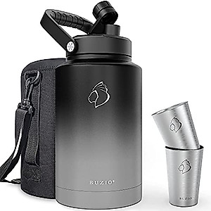 BUZIO One Gallon Vacuum Insulated Jug, Insulated Beer Growler, 18/8 Food-Grade Stainless Steel 128oz Water Bottle Comes with Two Carrying pouch Two Stainless Steel Cups Thermo Canteen Mug,Graphite