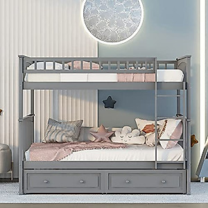 Full Over Full Bunk Bed with 2 Storage Drawers, Wooden Bunk Bed Frame with Guardrails and Ladders for Kids Teens Adults, Can be Convertible into 2 Beds (Bunk Beds Full Over Full, Gray)