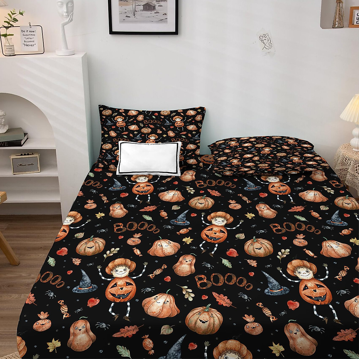 Halloween Sheets Full Size, Pumpkin Witch Bed Sheets, Patterned Bedding Sheets & Pillowcases 4 Piece Set - Soft Microfiber Deep Pocket Fitted Sheet & Flat Sheet & 2 Pillow Cases M8-&-205