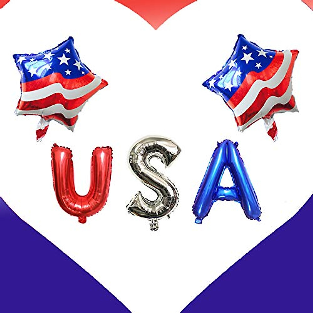 Huture 5PCS USA Flag Star Patriotic Aluminum Foil Balloons Mylar Balloons Kit 2 Stars Balloons 3 USA Letter for Birthday Celebration Holiday Events Party Favors Supplies Decoration Set