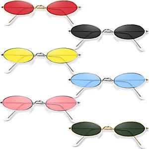 6 Pairs Vintage Oval Sunglasses Metal Frame Oval Sunglasses Slender Candy Color Sunglasses Eyewear (Green, Red, Gray, Blue, Pink and Yellow)