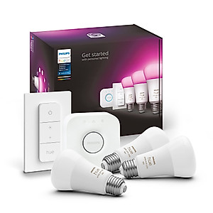 Philips Hue MAIN-54158 White & Color Ambiance LED Starter Kit-3 Multicolor A19 Bulbs, Bridge and Hue Dimmer Switch (Gen 3-Richer Colors), 1 Count (Pack of 1), Multi