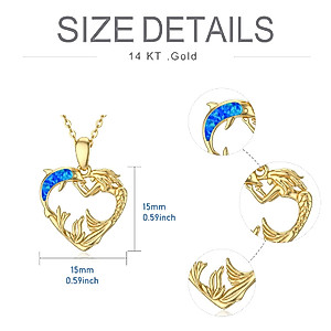YDD 14K Solid Gold Mermaid Necklace for Women Dolphin Opal Necklace Heart Pendant Necklace Ocean Necklace 16''-18''