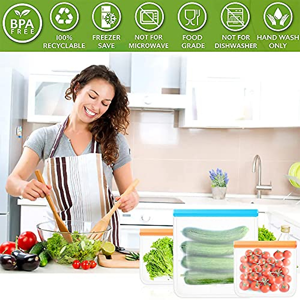 BLOCE Reusable Ziplock Bags Silicone, 3 Pack BPA FREE Flat Freezer Bags, FDA Grade Leakproof Reusable Vacuum Bags, Lunch Bags For Meat Fruit Cereal Snacks