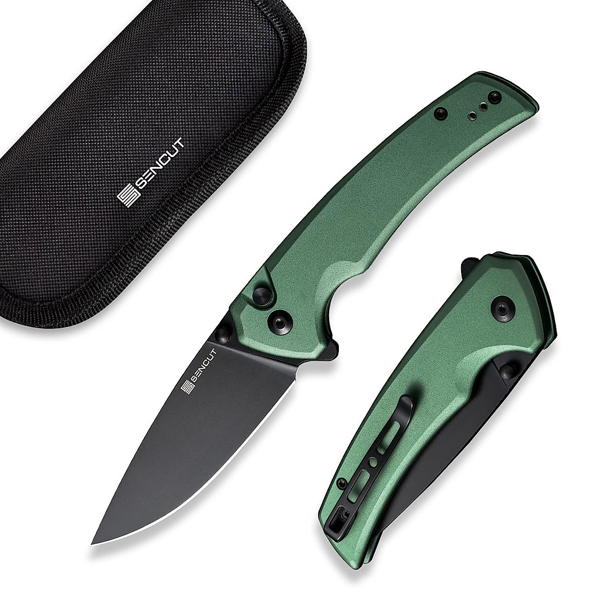 SENCUT Button Lock Pocket Knife for EDC, Serene Folding Knife, Thumb Stud & Flipper Opener, Aluminum Handle with 3.48" D2 Black Blade for Outdoor, Camping, Hunting S21022B-5 (Green)