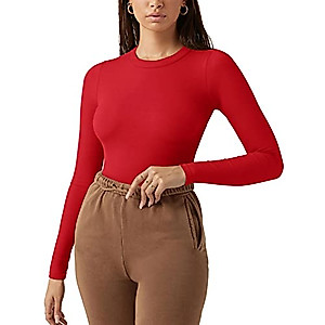 REORIA Women's Fall Fashion Crew Neck Double Lined Long Sleeve One Piece Fitted Tight T Shirts Leotards Bodysuits Tops For Going Ou Red Medium